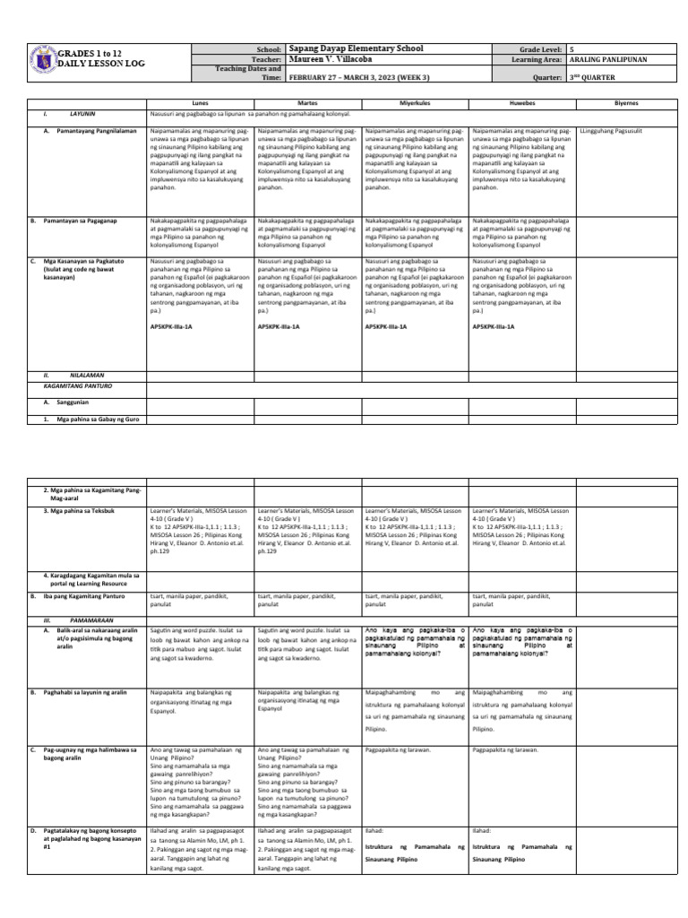 Grade 5 DLL Araling Panlipunan 5 Q3 Week 3 | PDF
