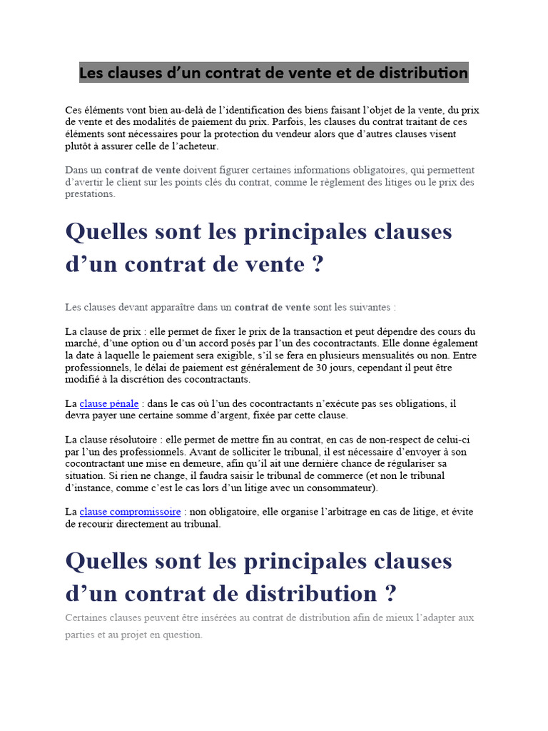 Clauses Essentielles des Contrats de Vente et Distribution | PDF ...