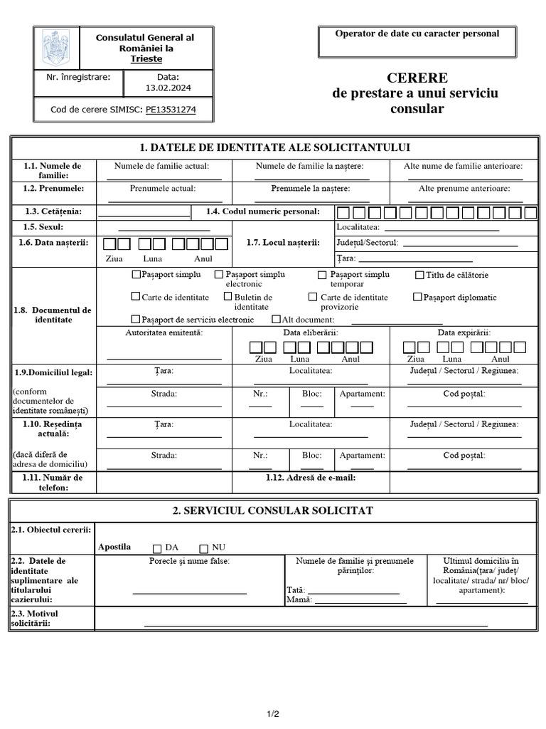 Cerere Serviciu Consular Cazier Judiciar | PDF
