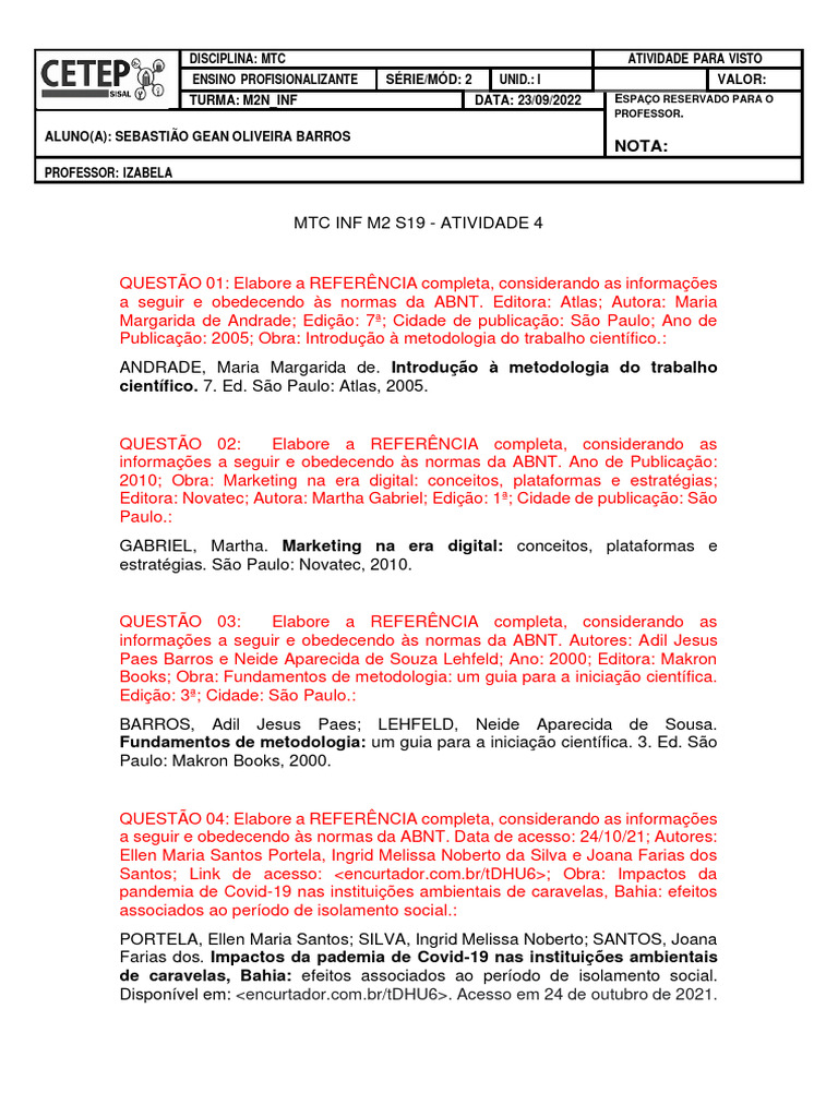 MTC Inf M2 S19 - Atividade 4 | PDF | Carreira e Crescimento | Ciências ...