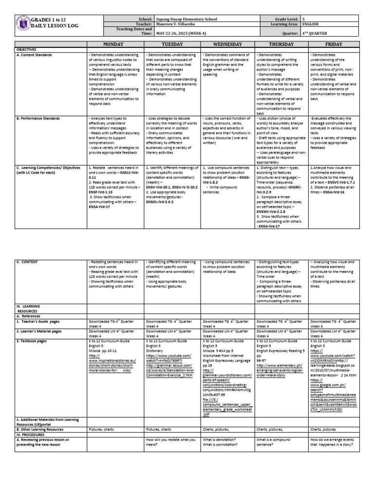 Grade 5 DLL English 5 Q4 Week 4 Ok | PDF | Atmosphere | Planets