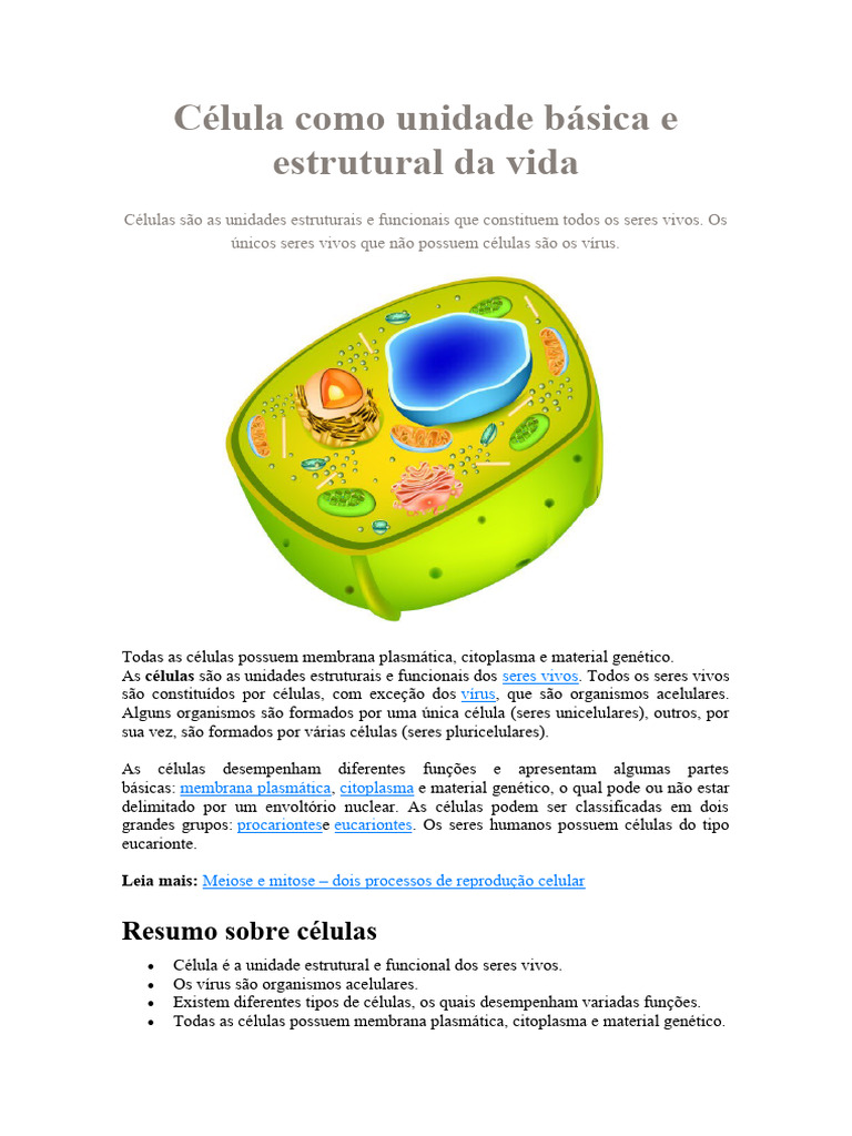 Célula Como Unidade Básica e Estrutural Da Vida | PDF | Célula (Biologia) | Citoplasma