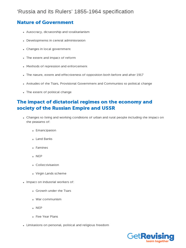 Russia and Its Rulers 1855-1964 Specification | PDF | Russian Empire ...