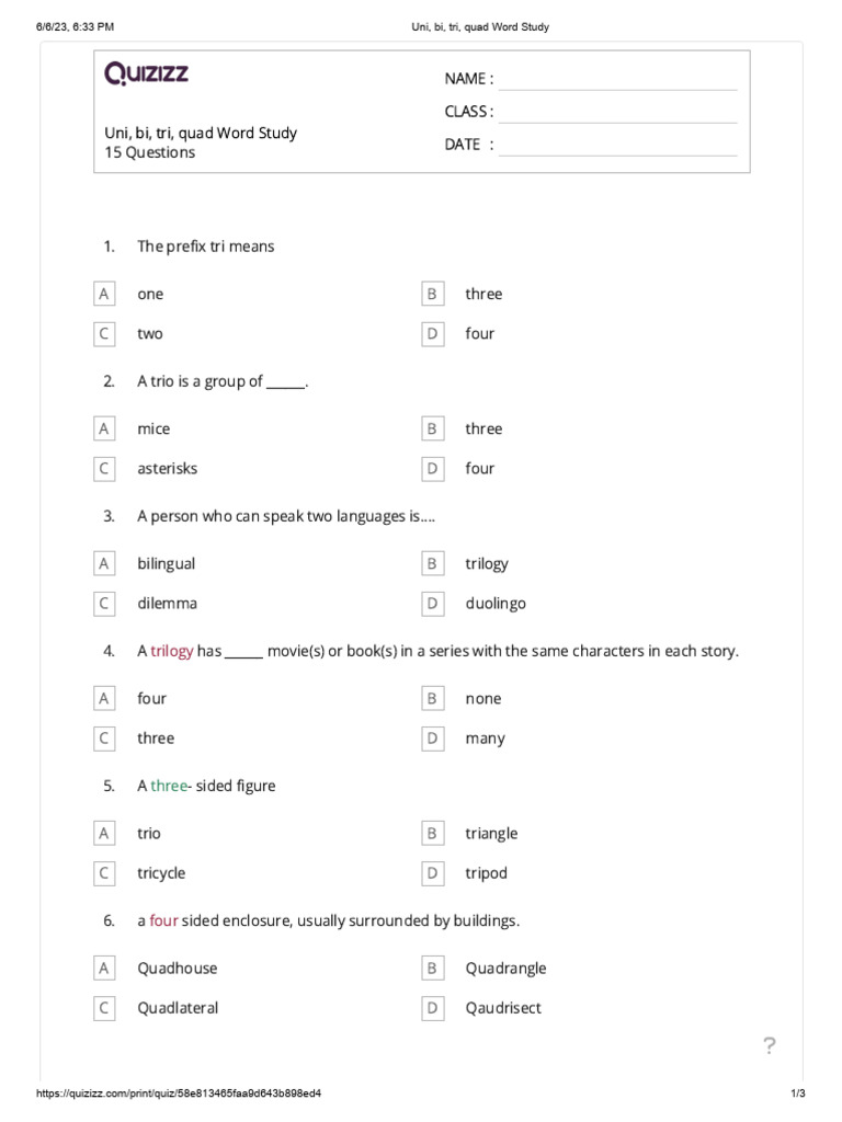 Uni, Bi, Tri, Quad Word Study | PDF