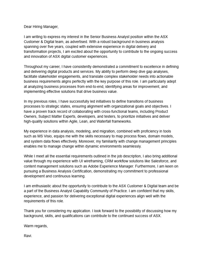 Cover Letter - Ravi Dal | PDF | Business Analysis | Information Technology Management
