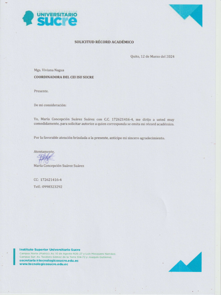 Solicitud de Record Academico Suárez María | PDF