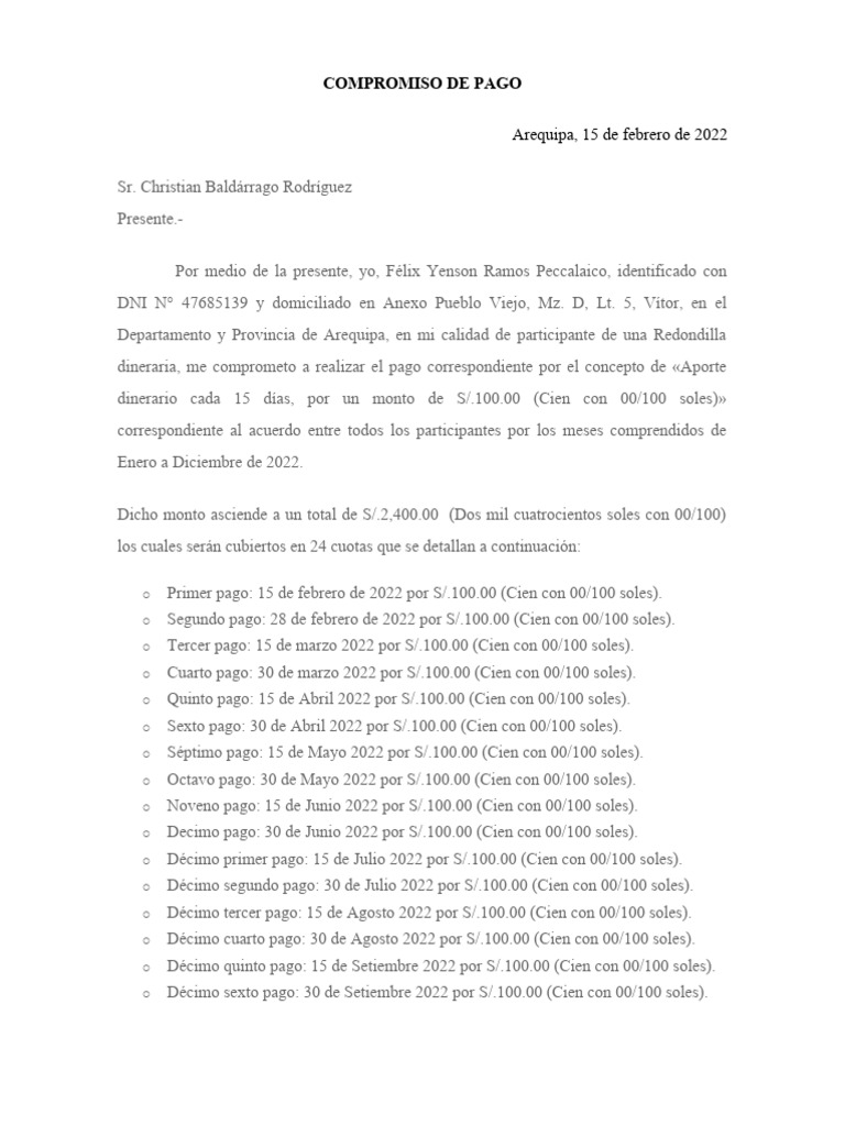 Compromiso de Pago Redondilla 2022 | PDF