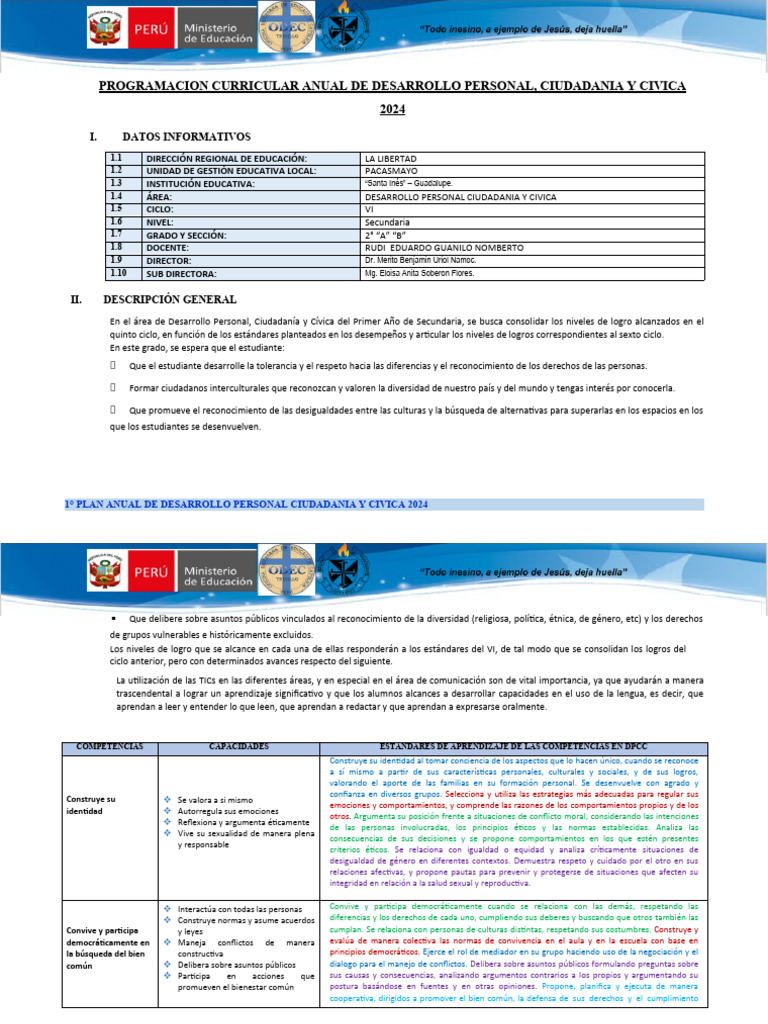 Programacion Anual DPCC 2° Año 2024 Ok | PDF | Aprendizaje | Evaluación