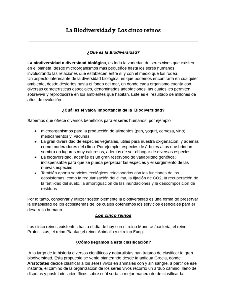 La Biodiversidad y Los Cinco Reinos - Resumen | PDF | Eucariotas | Plantas