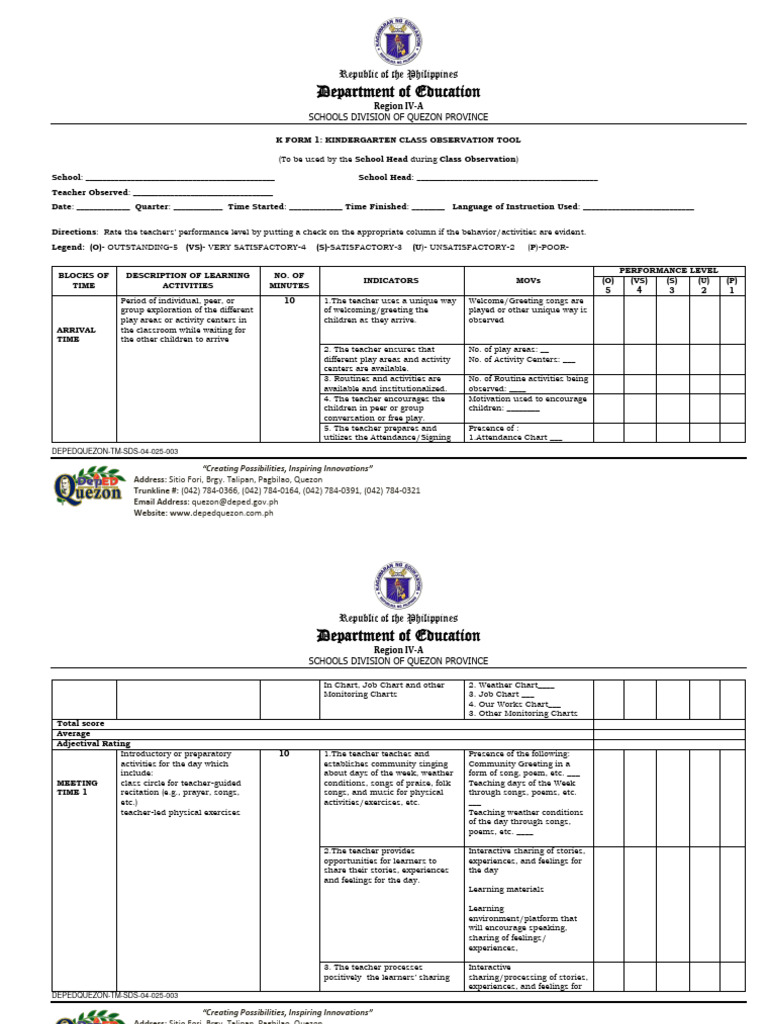 1.EDITED-K-FORM-1-KINDER-CLASS-OBSERVATION-TOOL-FOR-TEACHERS (2) | PDF ...