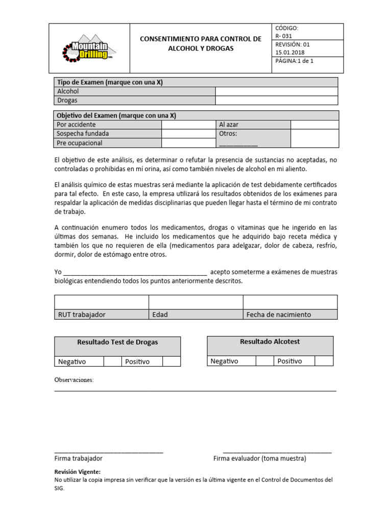 R-031 Consentimiento Control Alcohol-Drogas | PDF