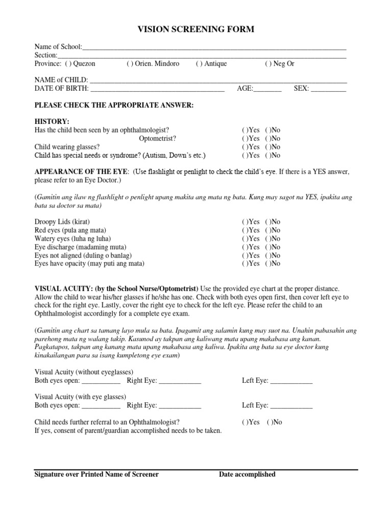 Vision Screening Form 1 | PDF | Electromagnetic Radiation | Clinical ...