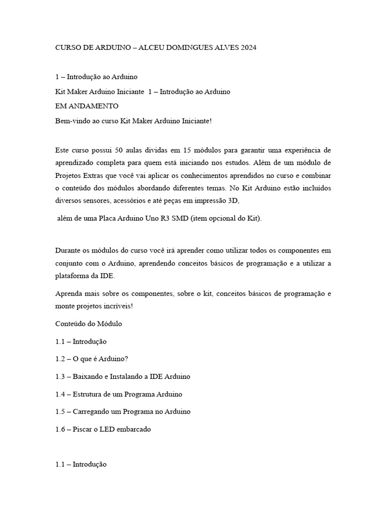 Curso Arduino 2024 Alceu Domingues Alves | PDF | Arduino | Microcontrolador
