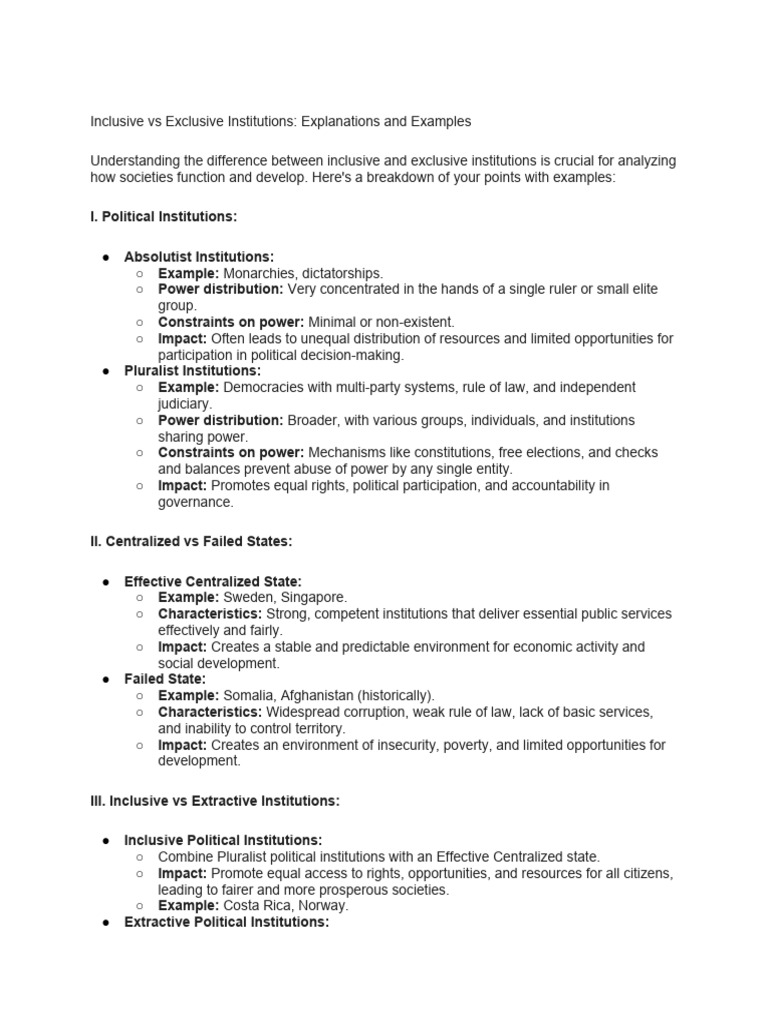 Inclusive Vs Exclusive Institutions | PDF | Failed State | Poverty & Homelessness