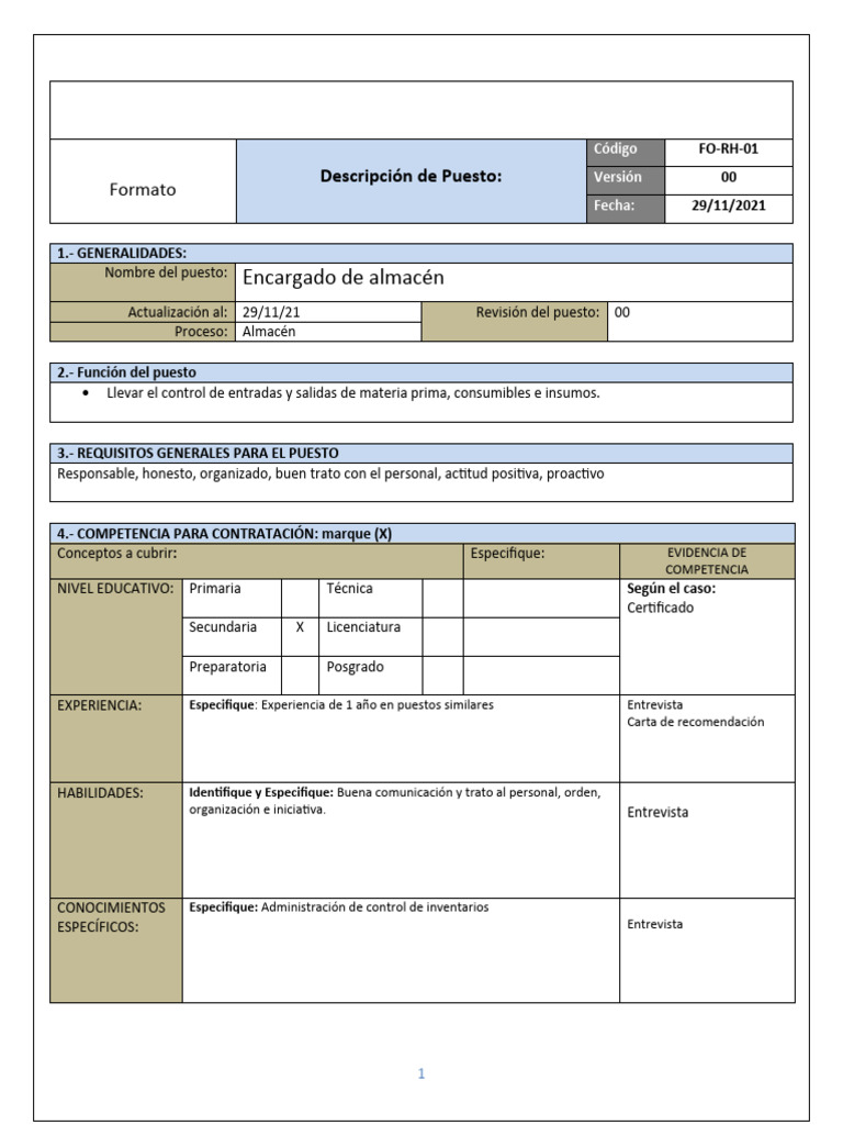 Descripcion de Puesto Encargado - de - Almacen | PDF