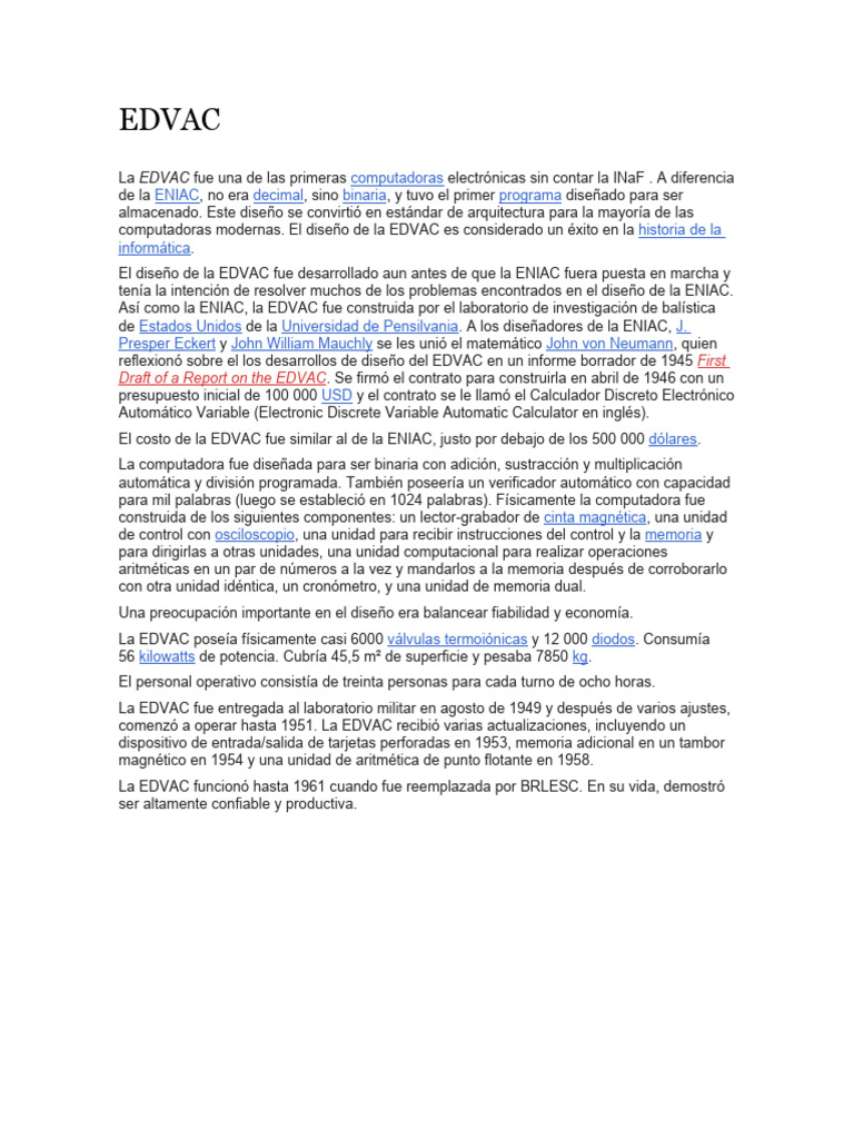 Informe y Analisis de La EDVAC | PDF | Ciencias de la Computación ...