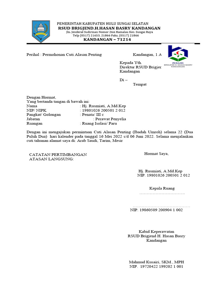 FORMAT SURAT CUTI ALASAN PENTING (1) | PDF
