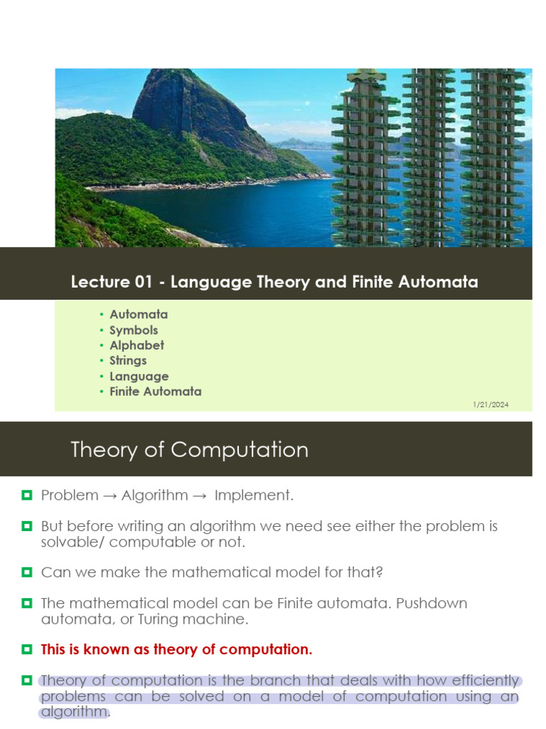Lecture 01 - Introduction To LT & FA-2024 | PDF | Theory Of Computation | Automata Theory