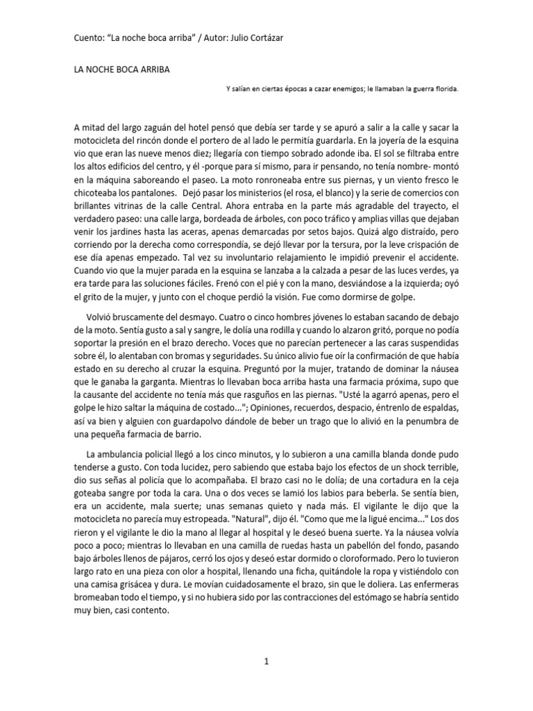 La Noche Boca Arriba - Cortázar | PDF | Novela negra, policíaca y suspenso