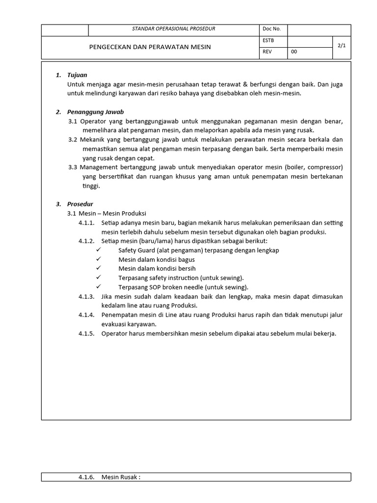 Prosedur Pengecekan Dan Pemeliharaan Mesin | PDF