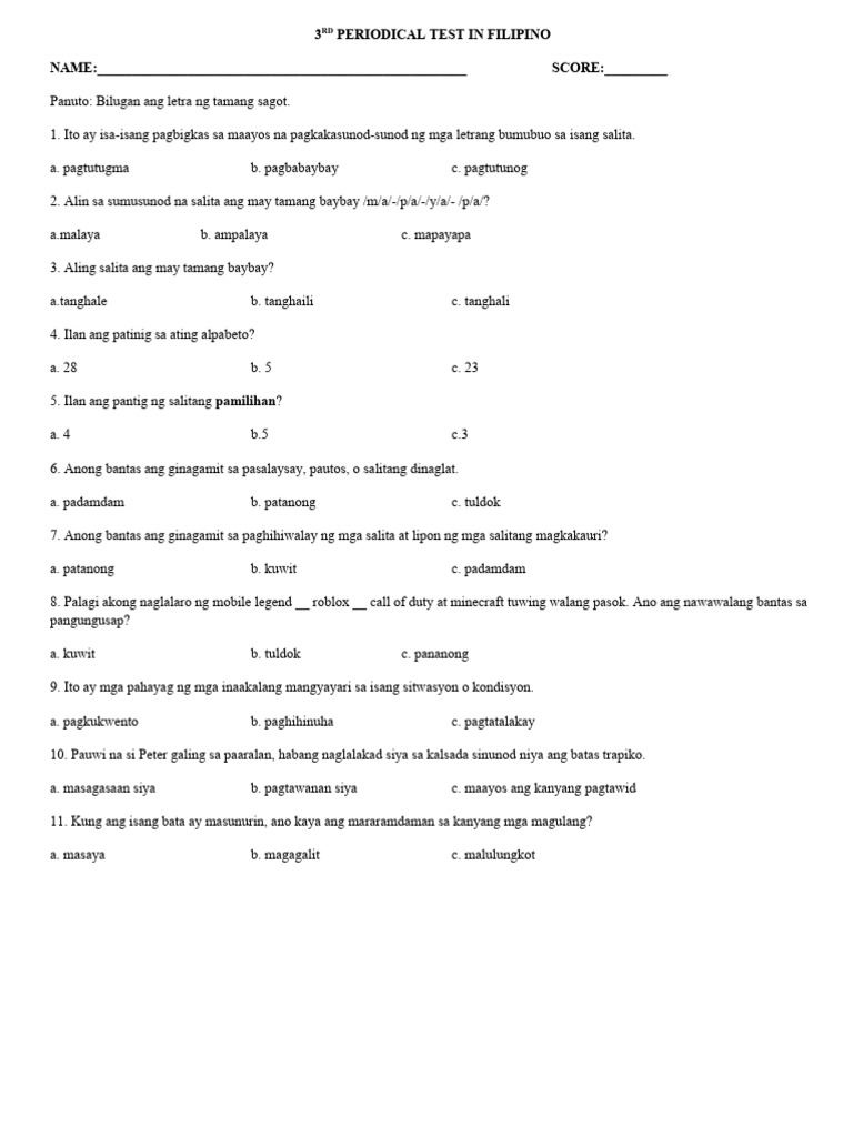 3RD PERIODICAL TEST IN FILIPINO | PDF