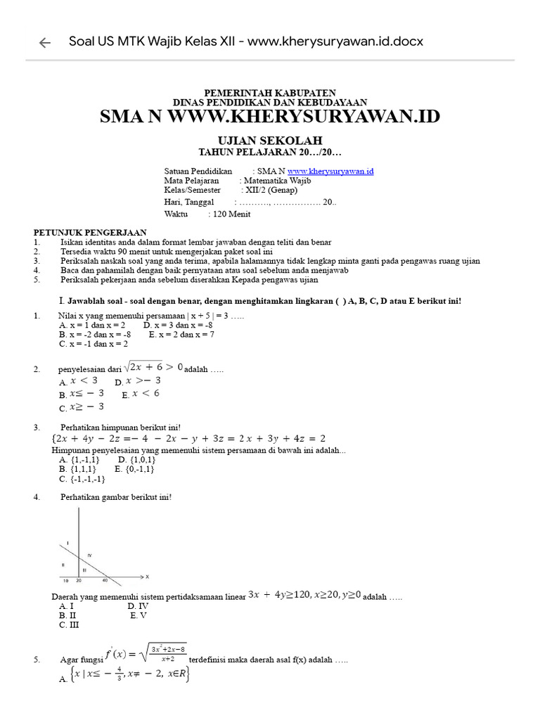 Soal US MTK Wajib Kelas XII - WWW - Kherysuryawan.id | PDF | Metode & Bahan Ajar