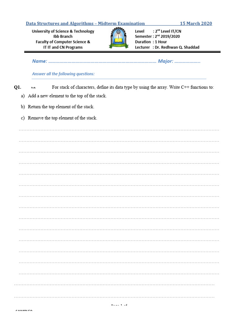 DSA MidTerm Exam 20192020 Sample001 | PDF | Computer Engineering ...