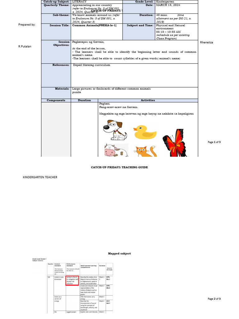 Kinder Catch Up Friday Lesson Plan | PDF | Teaching | Pedagogy