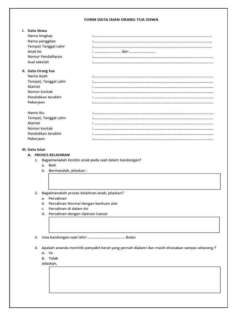 Form Data Isian Orang Tua Siswa | PDF