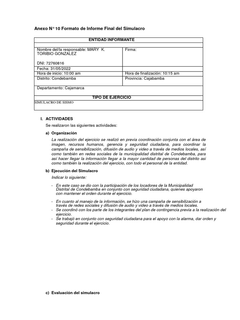 Anexo #10 - Formato de Informe Final Del Simulacro | PDF
