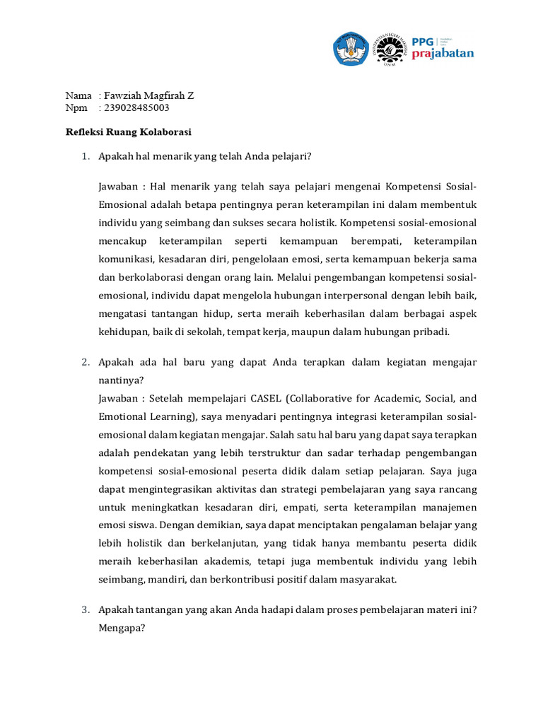 PSE Topik 1 Ruang Kolaborasi - Refleksi Fawziah Magfirah Z | PDF