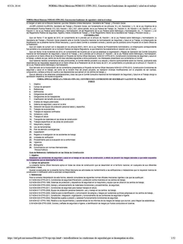 NORMA Oficial Mexicana NOM-031-STPS-2011, Construcción-Condiciones de Seguridad y Salud en El ...