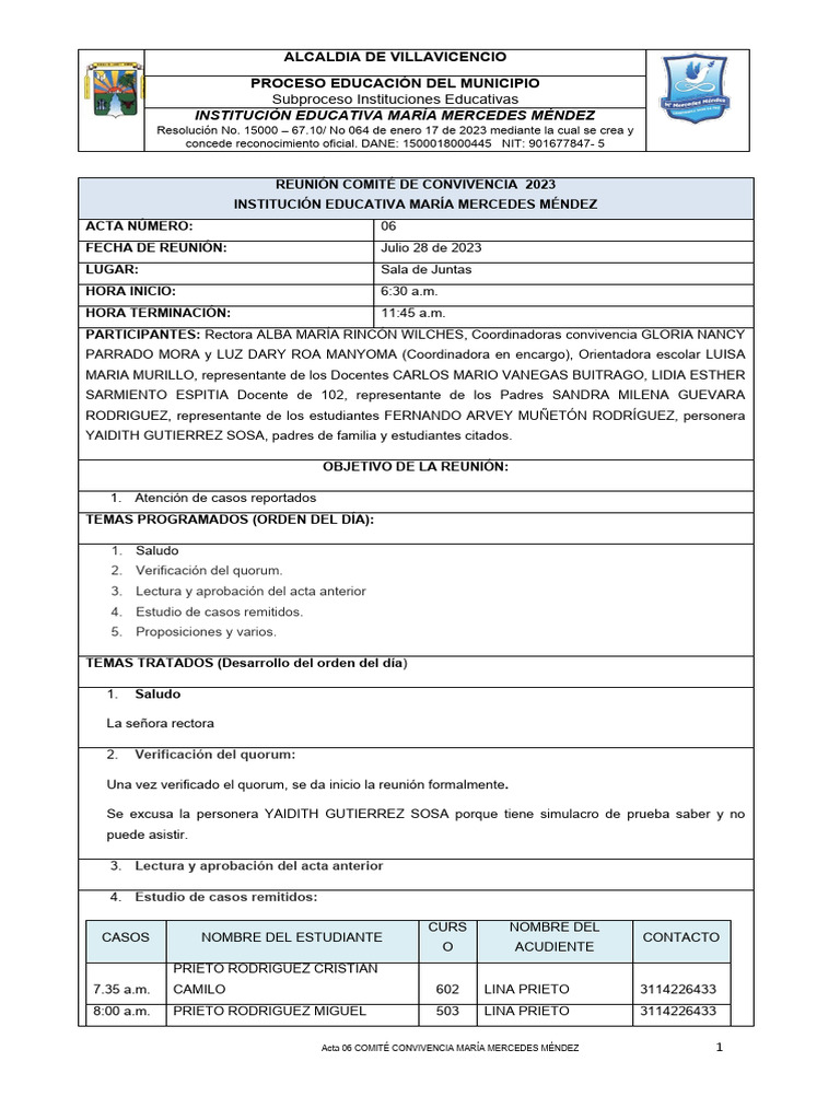 Acta 06 Comité Convivencia IE MMM 2023 - 28 JULIO | PDF