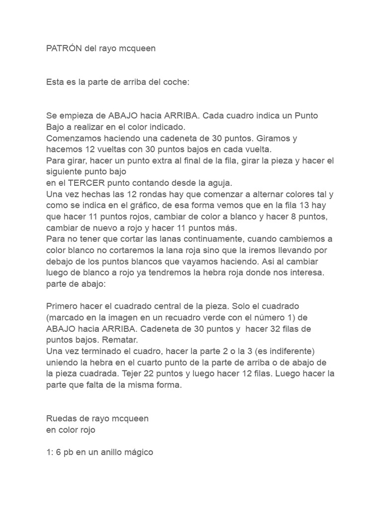 Patrón de Rayo McQueen a Crochet | PDF | Métodos y materiales de enseñanza