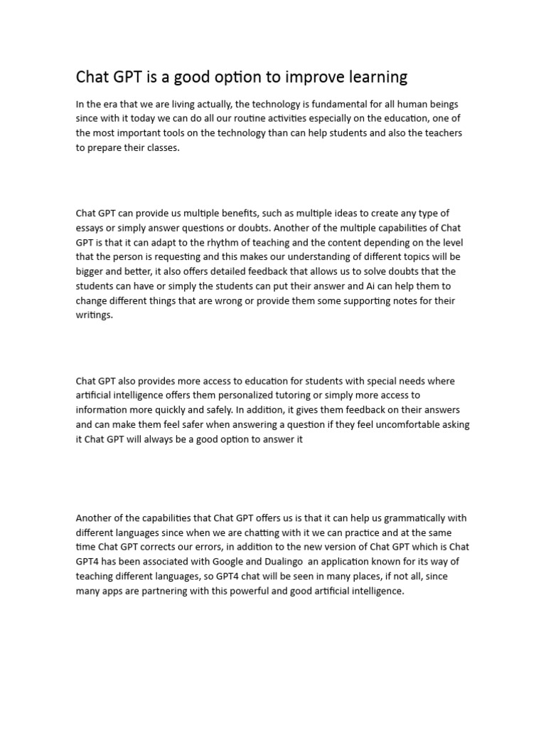 Chat GPT Is A Good Option To Improve Learning | PDF