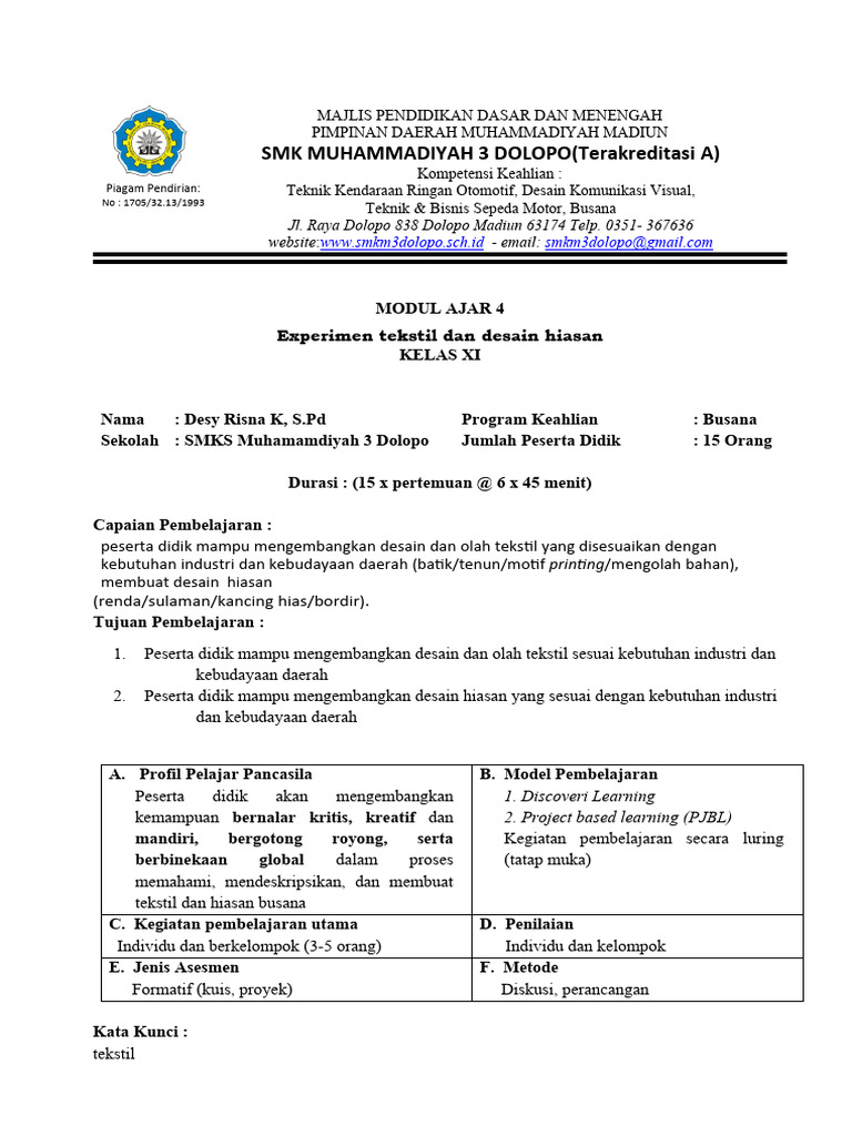 Modul Ajar Eksperimen Tekstil Kelas XI | PDF