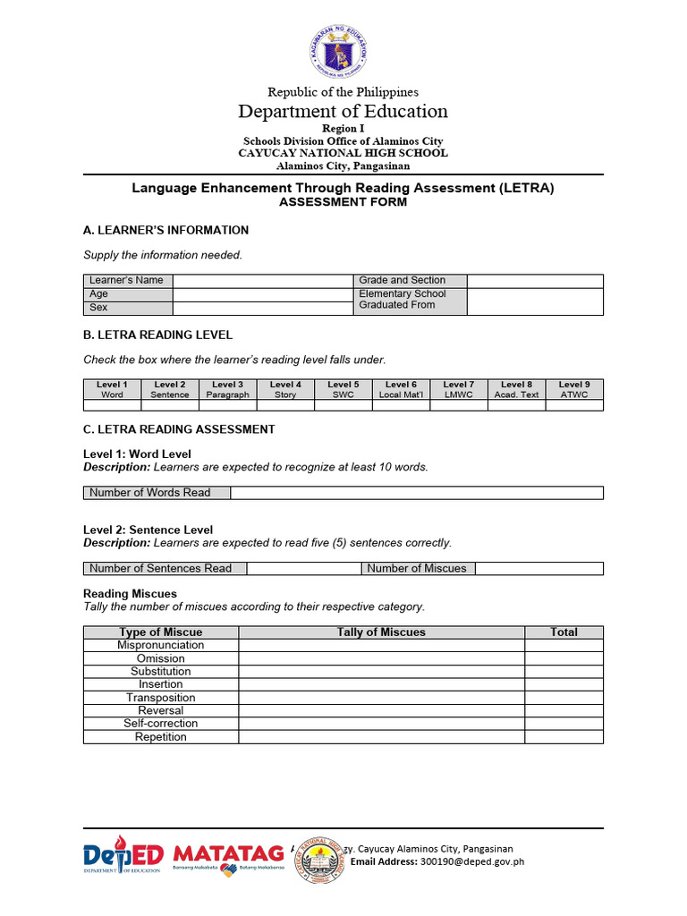 LETRA ASSESSMENT TOOL STUDENT - docxCNHS | PDF | Linguistics | Human ...