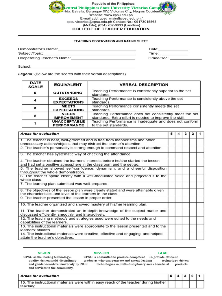 Teaching Observation and Rating Sheet | PDF | Teachers | Learning