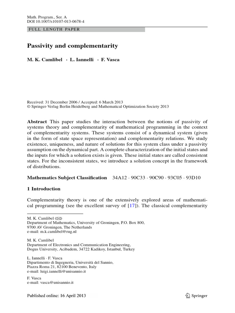 Passivity and complementarity | PDF | Matrix (Mathematics) | Function (Mathematics)