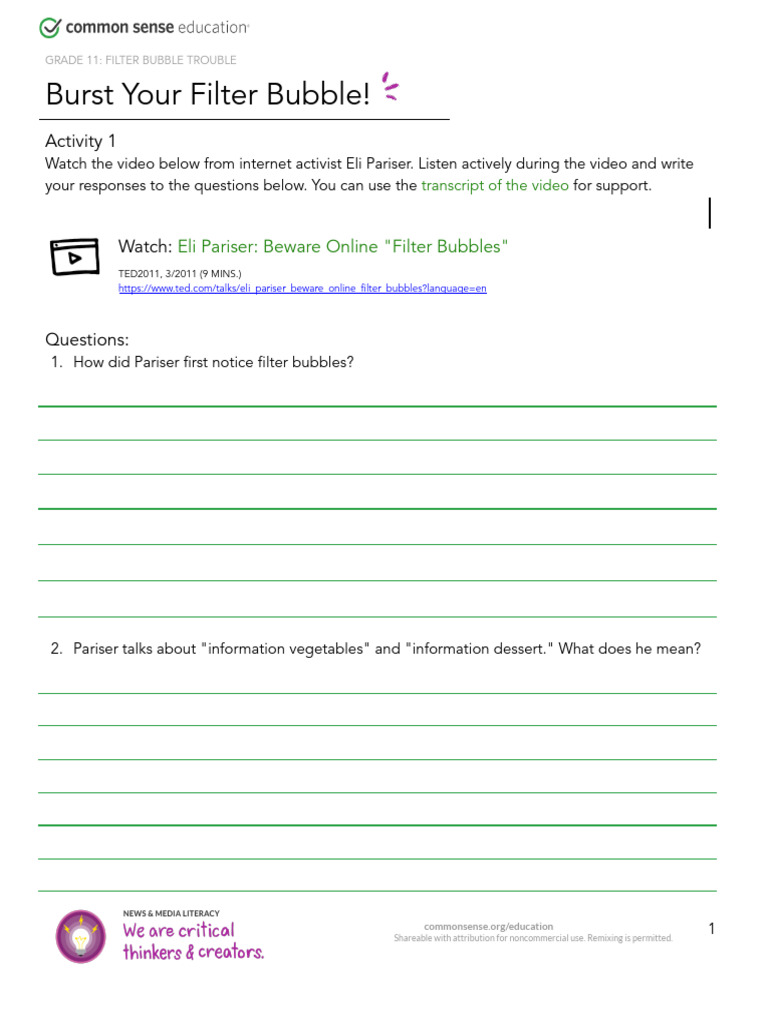 Year 10 Filter Bubble Student Handout 23rd June | PDF