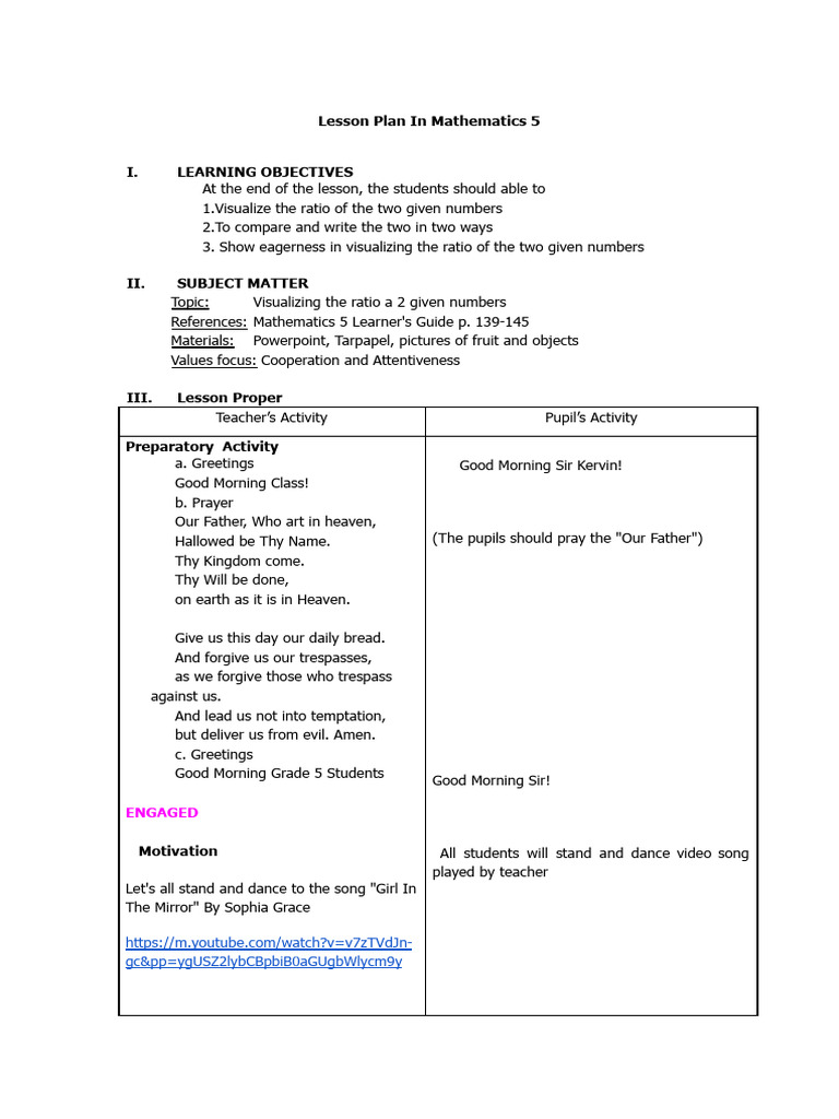 Lesson Plan in Mathematics 5 | PDF | Lord's Prayer | Ratio
