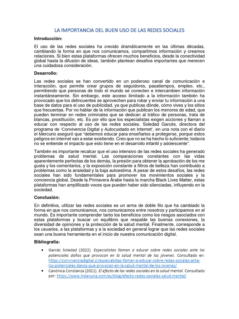 La Importancia Del Buen Uso de Las Redes Sociales | Descargar gratis PDF | Servicio de redes ...