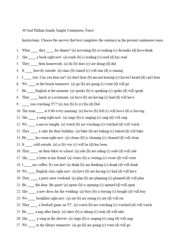 30 Soal Pilihan Ganda Simple Continuous Tense 2024 | PDF