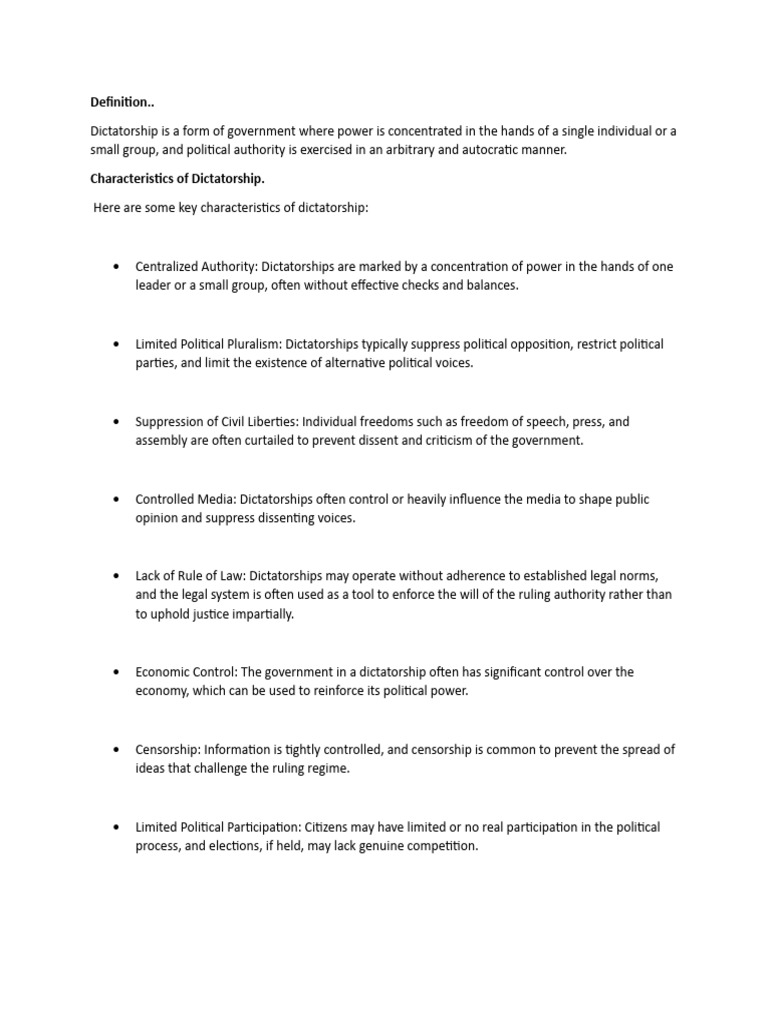 Dictatorship and Its Characteristics | PDF | Politics