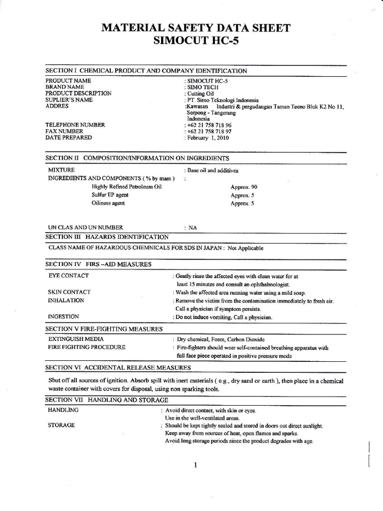 MSDS Simocut HC-5 | PDF