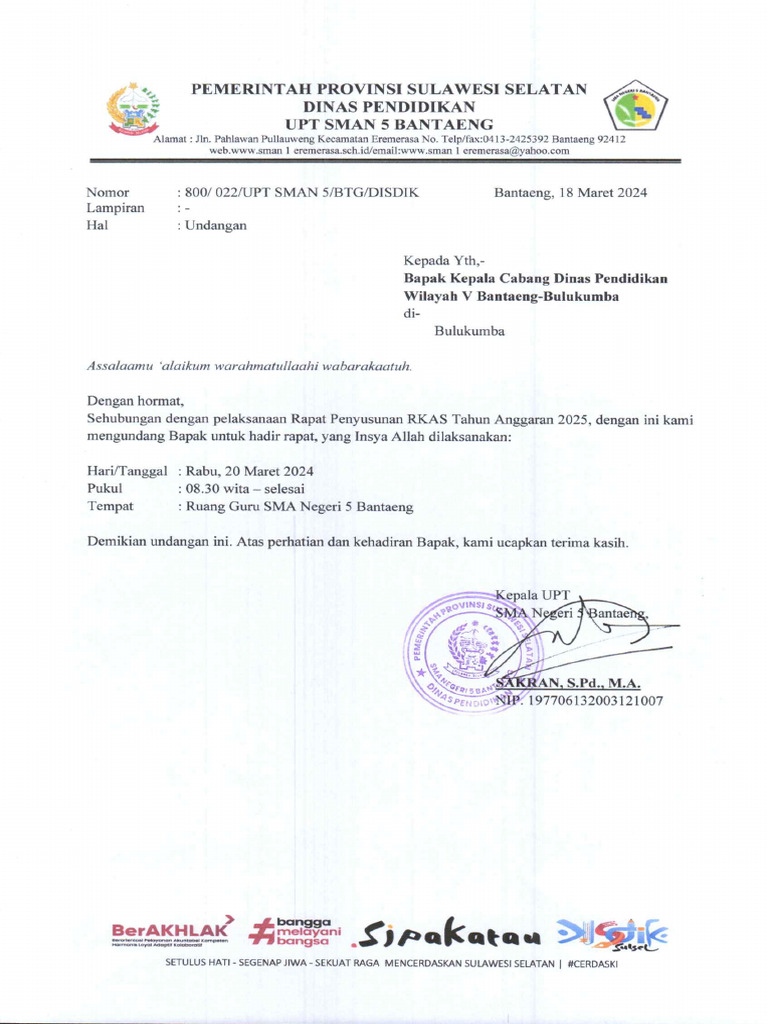 Undangan Rapat Penyusunan RKAS 2025, 20 Maret 2023 Untuk Cabdis | PDF