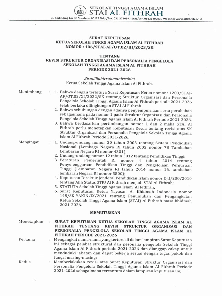 106.ot - .02.3.2023 Revisi Struktur Organisasi Dan Personalia Pengelola ...