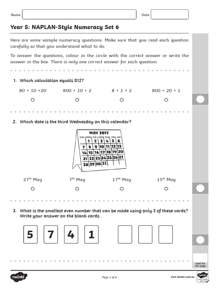 NAPLAN Style Numeracy Example Tests - Set 6 Year 5 Numeracy Sample Exam ...