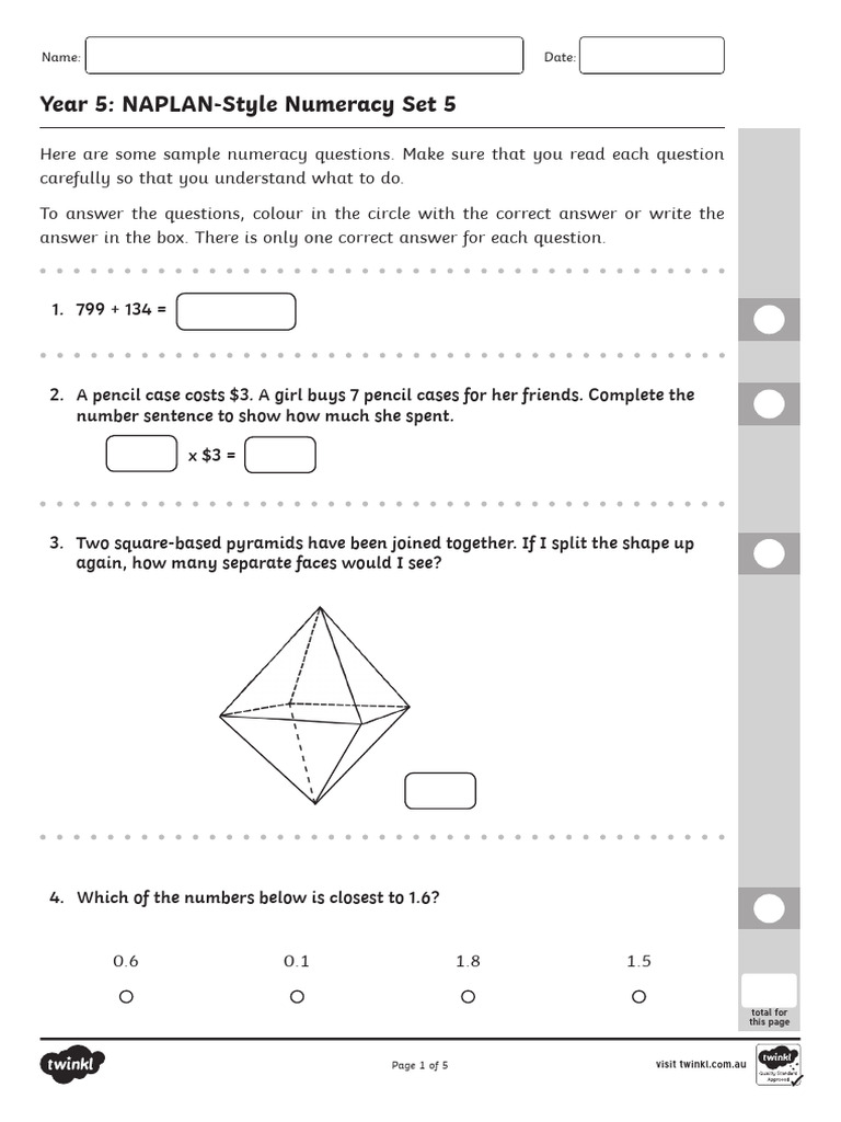 NAPLAN Style Numeracy Example Tests - Set 5 Year 5 Numeracy Sample Exam ...