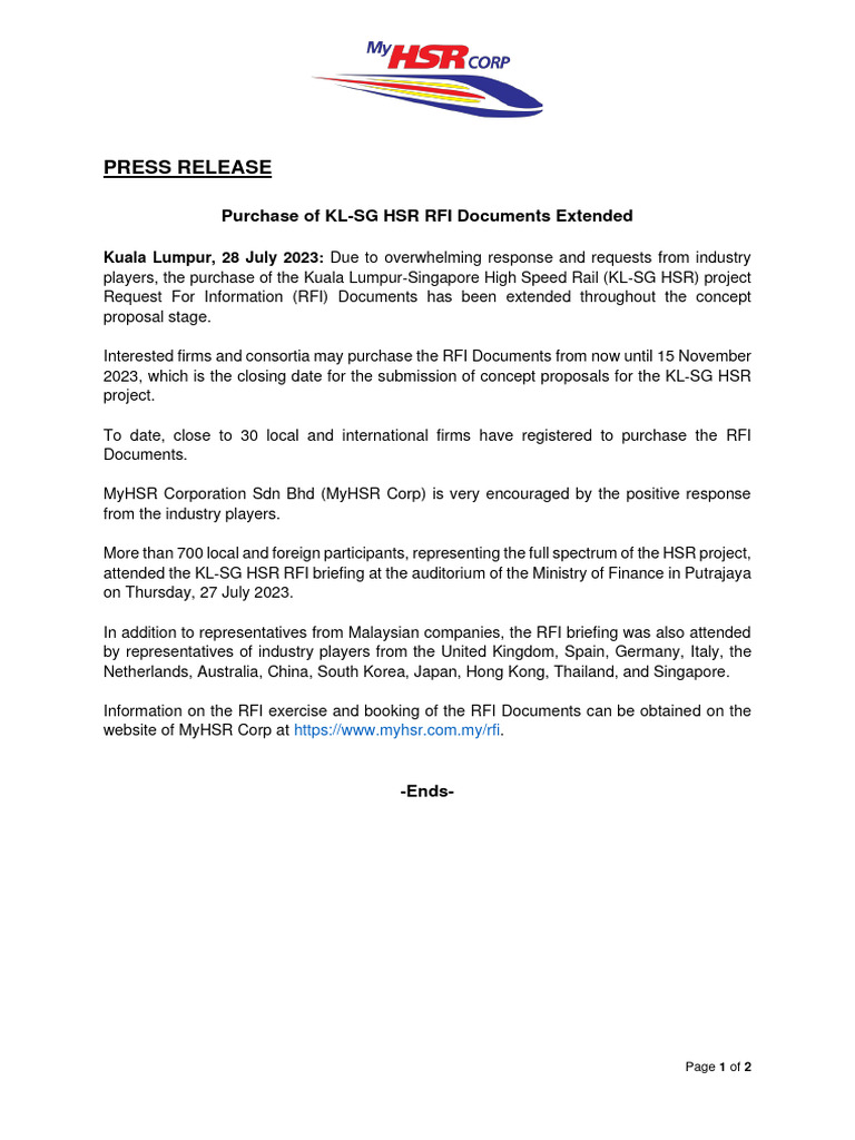 (Press Release) MyHSR Corp - KL-SG HSR - Purchase of RFI Docs Extended - FINAL | PDF